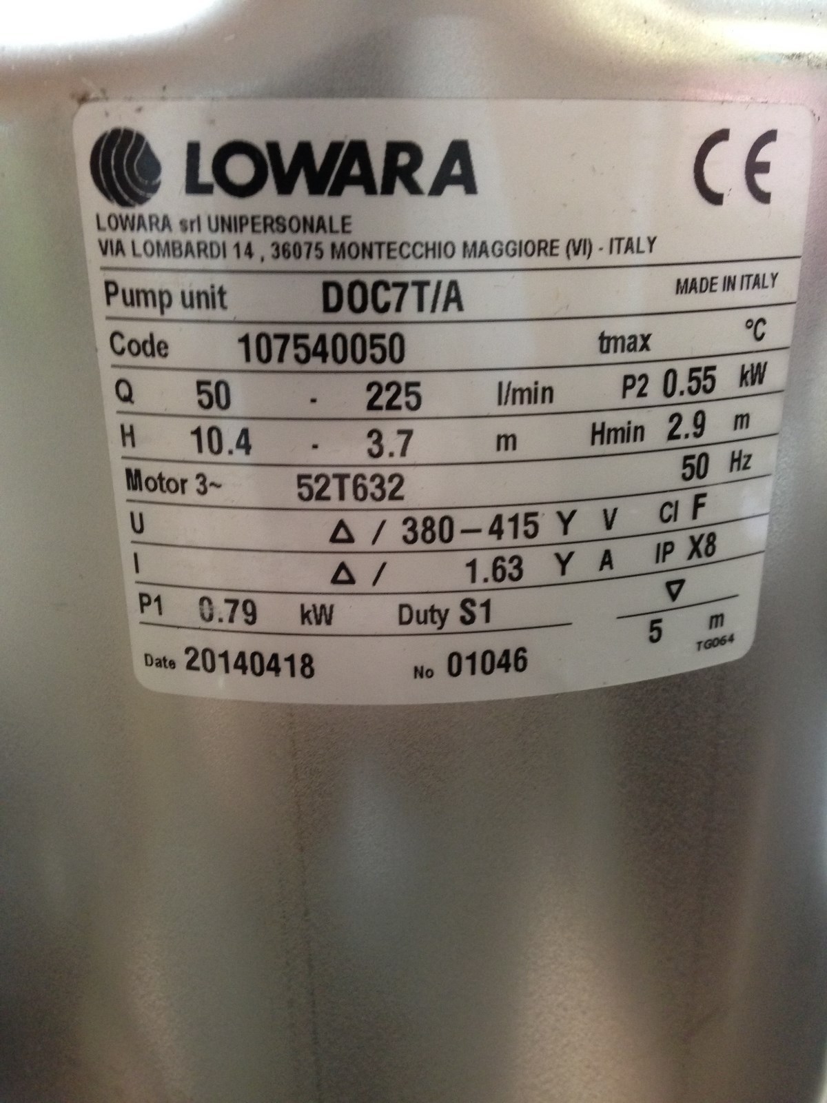 Lowara DOC Submersible Drainage Pump # DOC7T/A 0 55KW .75HP 3x400V 50Hz ...