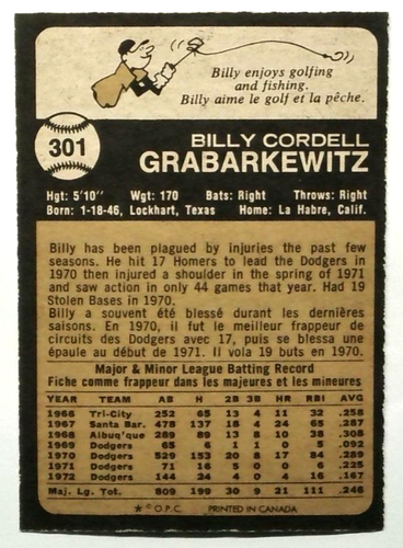 1973 O-Pee-Chee OPC Billy Grabarkewitz California #301 Baseball Card EX ...