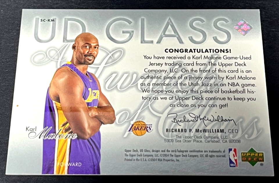 2004 Upper Deck - UD GLASS - KARL MALONE - GAME USED JERSEY - GOLD ...
