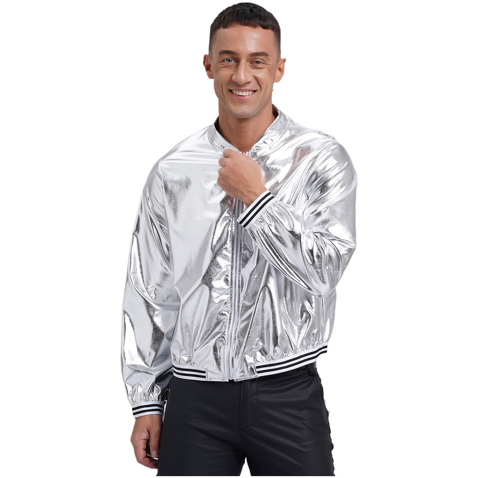 Men Jacket Party Outerwear Metallic Coat 79s Disco Costume Glitter Tops ...