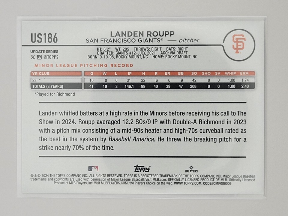 2024 Topps Update Series US186 Landen Roupp, San Francisco Giants RC | eBay