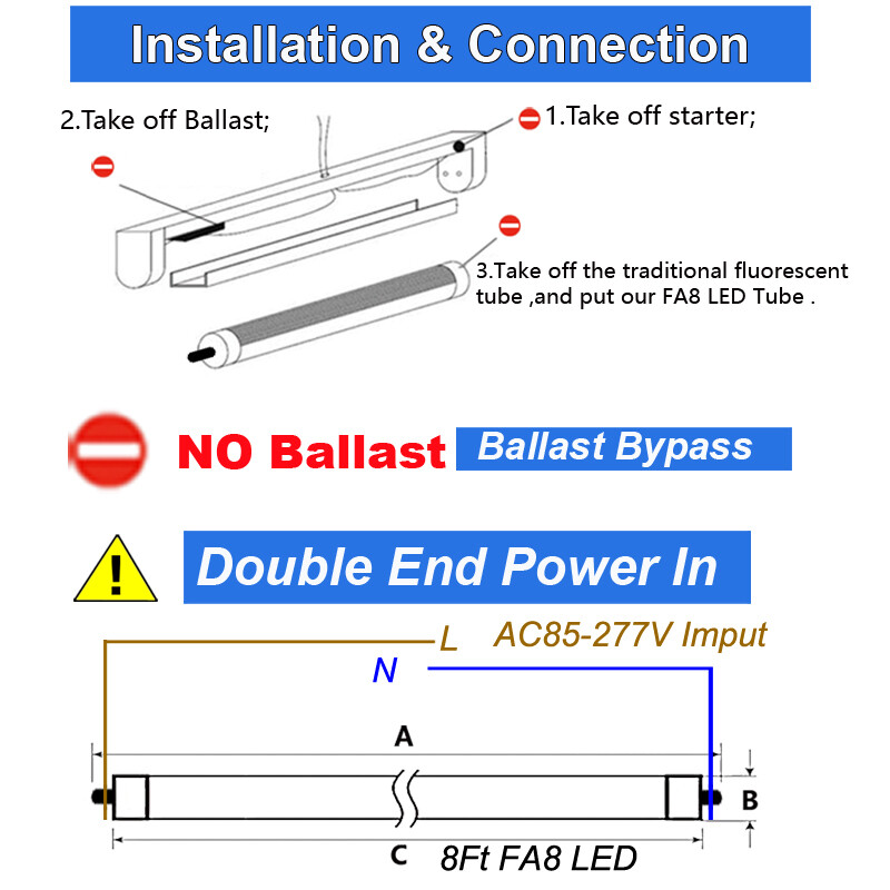 8Ft LED Ballast Bypass Bulbs FA8 Single Pin Led Shop Lights 8 Foot T8 ...