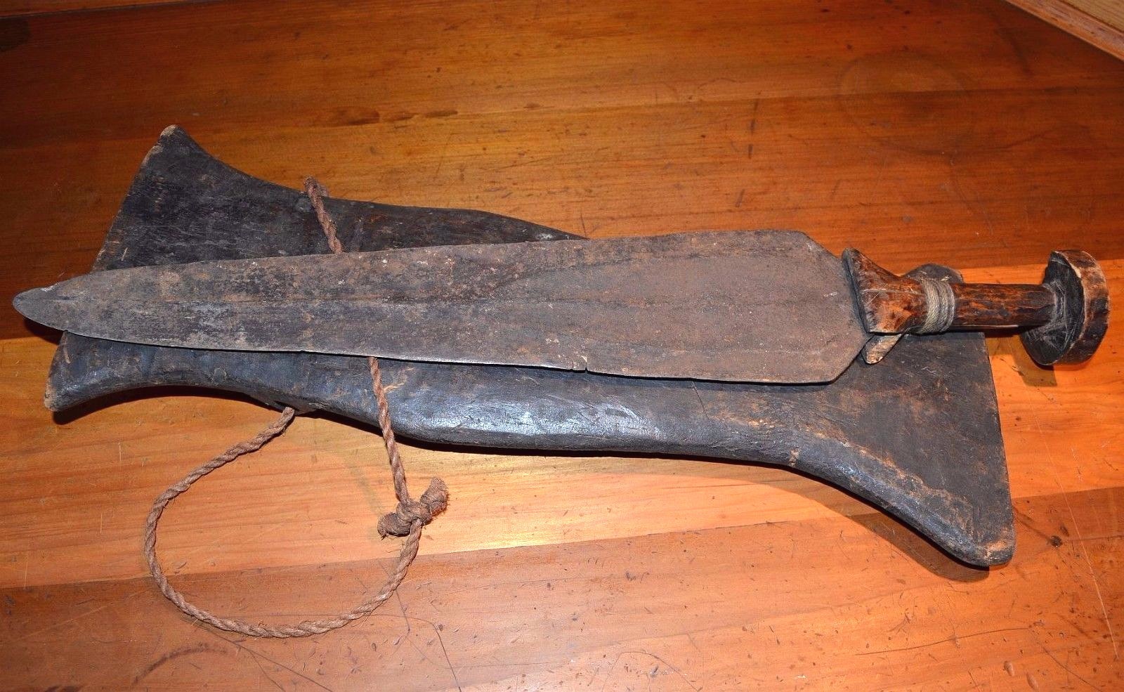 Antique Mongo African Tribe Hand Forge Iron Sword Knife Dagger Wooden ...