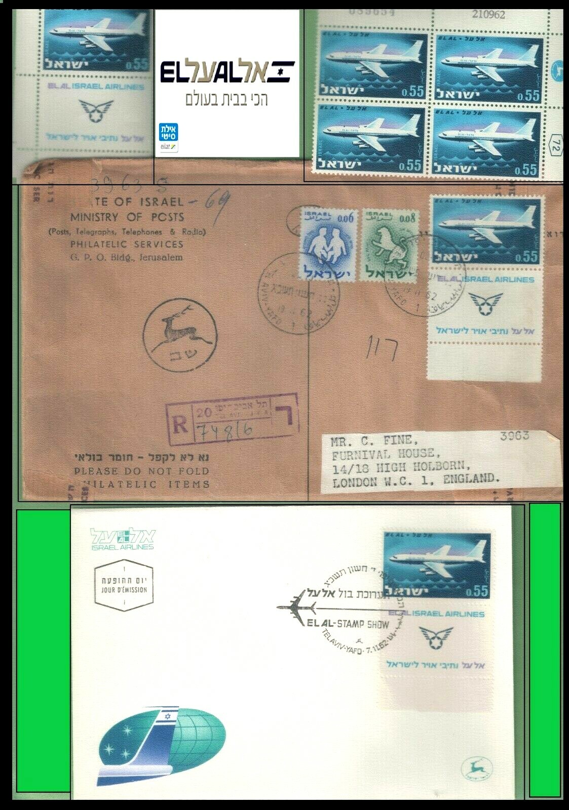 ISRAEL 1962 ELAL PHILATELIC SERVICE COVER + PLATE BLOCK & STAMP+INVOICE ...