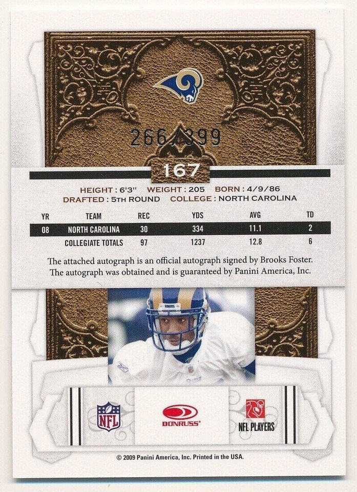 BROOKS FOSTER 2009 PANINI CLASSICS #167 ROOKIE AUTOGRAPH RAMS 266/399 ...