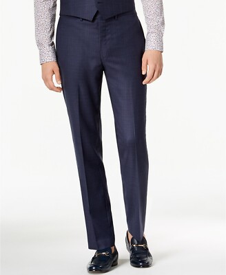 $190 Calvin Klein Men's Slim Fit Stretch Blue Check Dress Pants WOOL 40 ...