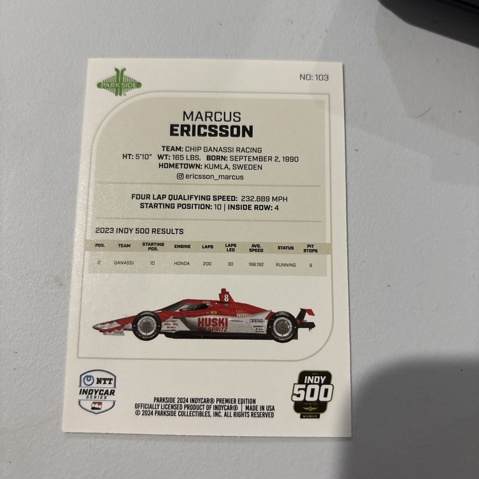 Marcus Ericsson Card# 103 Parkside IndyCar Autographed Signed | eBay