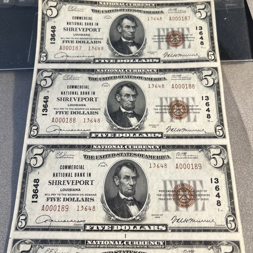 Rare Uncut Sheet Of $5 Shreveport LA National Bank Notes Series Of 1929 ...