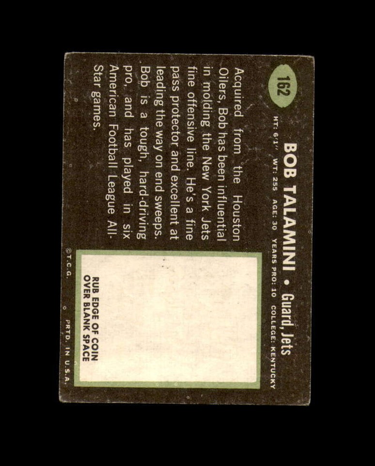 Bob Talamini Hand Signed 1969 Topps New York Jets Autograph | eBay