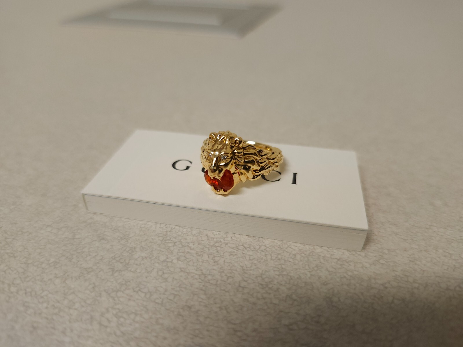 Authentic GUCCI SOLID Yellow Gold Lion Ring Fire Opal… - Gem