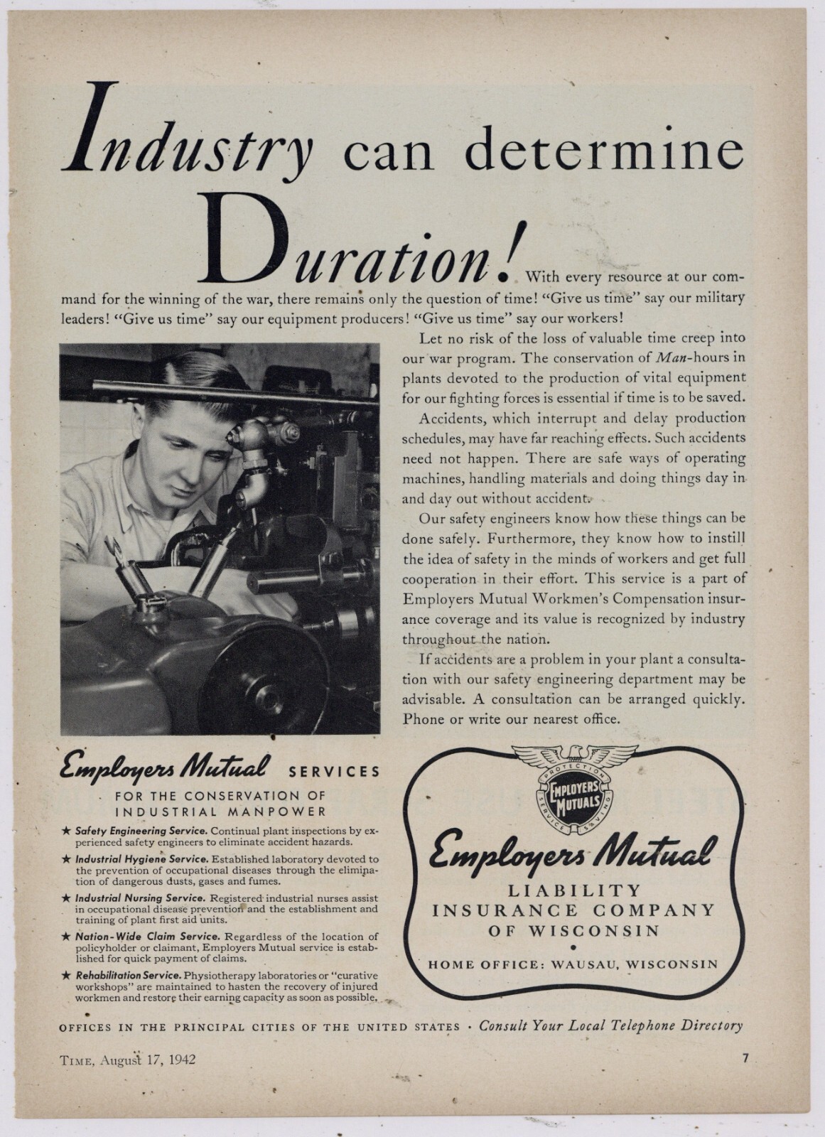 1942 Employers Mutual Insurance of Wausau, Wisconsin Ad: World War Two ...