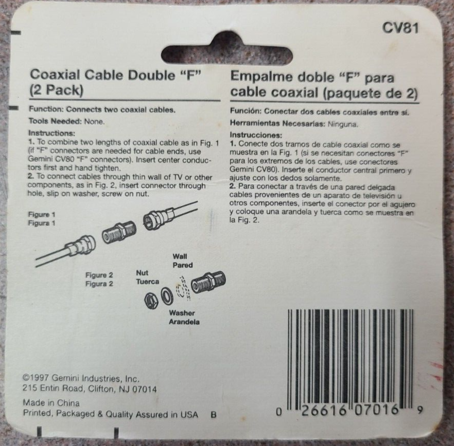 2 Cable VCR Coaxial Cable Double F Connectors CV81 Gemini TV Hardware ...