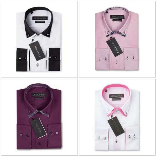 MENS DOUBLE COLLAR SHIRT SMART CASUAL CONSTRAST COLOUR LONGSLEEVEE | eBay