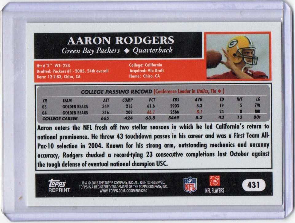 2012 Topps 50th Anniversary REPRINT - 2005 Aaron Rodgers Rookie Card ...