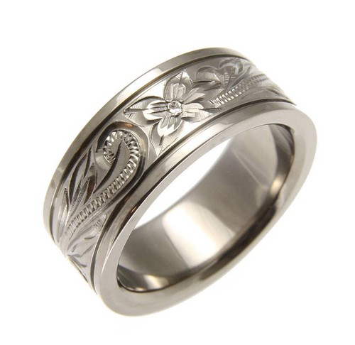 TITANIUM HAND ENGRAVED HAWAIIAN PLUMERIA SCROLL BAND RING SMOOTH EDGE ...
