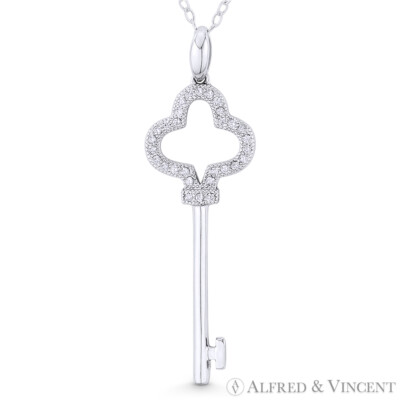 Trefoil Clover Bow Skeleton Key CZ Crystal .925 Sterling Silver Pendant ...