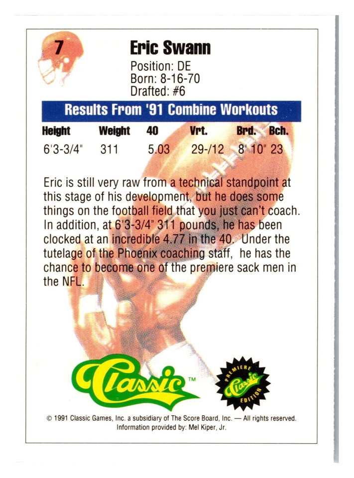 1991 Classic Draft Picks Eric Swann Rookie Bay State Titans RC #7 | eBay