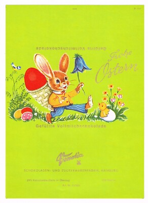 VINTAGE 1950S GERMAN CHOCOLATE BOX CANDY LABEL EASTER BUNNY EGG FANTASY ...