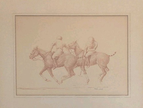 Conte Pencil Sketch Drawing by G.A Randall of Two Polo Players (SIGNED ...