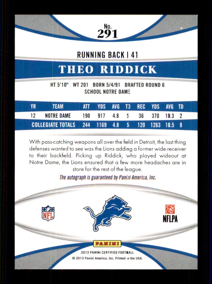 2013 Panini Certified #291 Theo Riddick #/999 | eBay