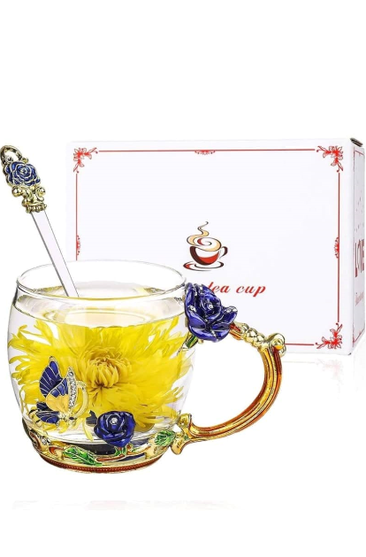Enamel Water Glass Flower Tea Cup Rose Coffee Mug With Handle And Spoon ...