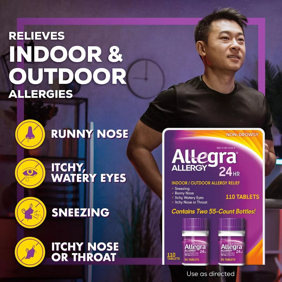 NEW Allegra 24-Hour Indoor/Outdoor Allergy Relief Tablets, 180 mg , 55 ...