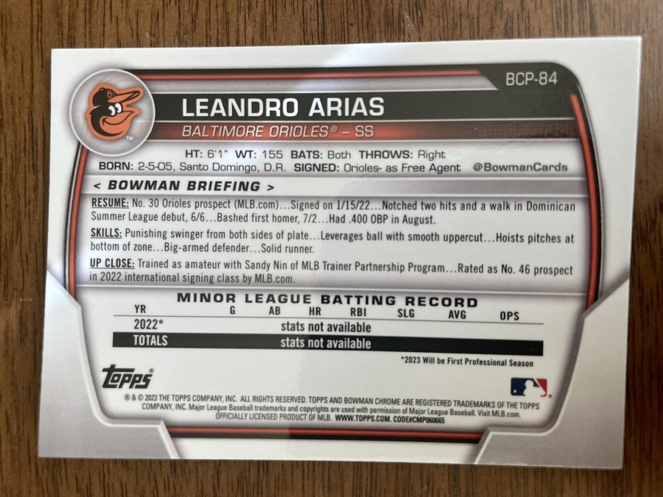 2023 First Bowman Chrome #BCP-84 Leandro Arias Baltimore Orioles ...