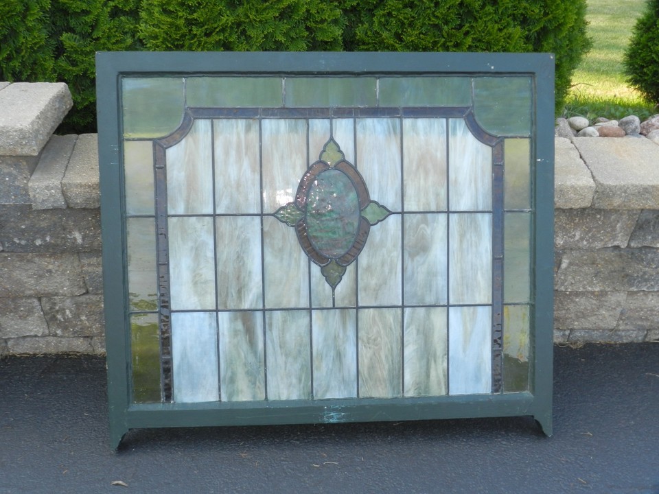 VINTAGE ARTS & CRAFTS STAINED SLAG GLASS WINDOW GREEN TAN 43" x 38 ...