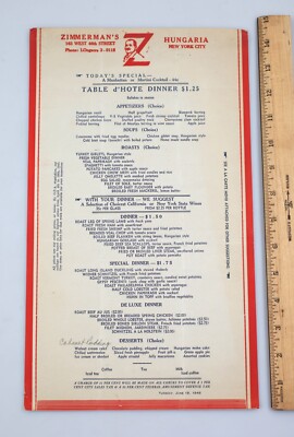 Vintage 1946 Zimmerman's Hungaria Restaurant Menu W. 46th Street New ...