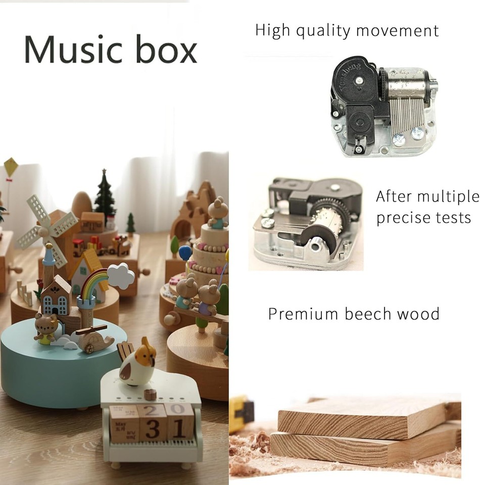 Wooden Music Box Wind Up Cartoon Musical Boxes Carousel Ornaments Kids ...