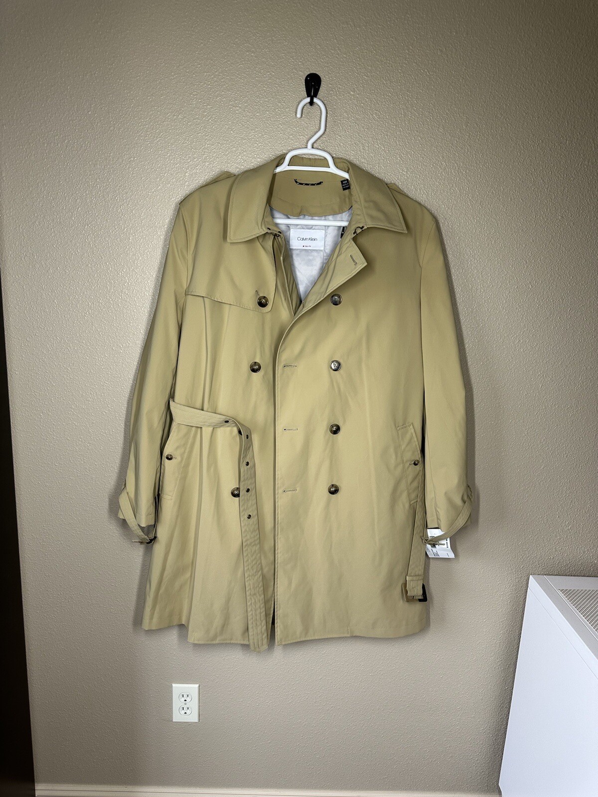 Calvin Klein CK Men’s Slim Fit Beige Double Breasted Raincoat Coat ...