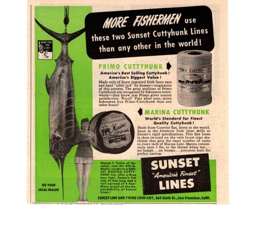 1949 SUNSET CUTTYHUNK CASTING LINE PRINT AD, MARINA FISHING VTG TACKLE ...