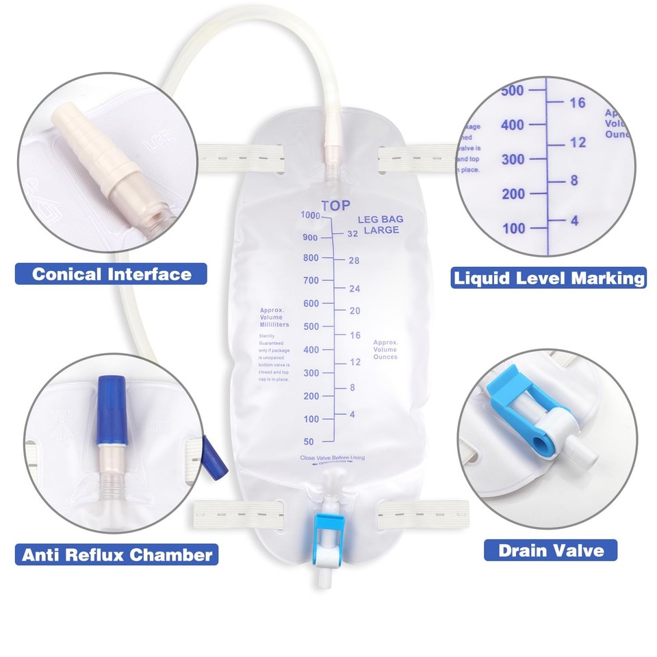 3 Pack Catheter Bags, Premium Easy-Tap Leg Bag Urinary Drainage Bag, 32 ...