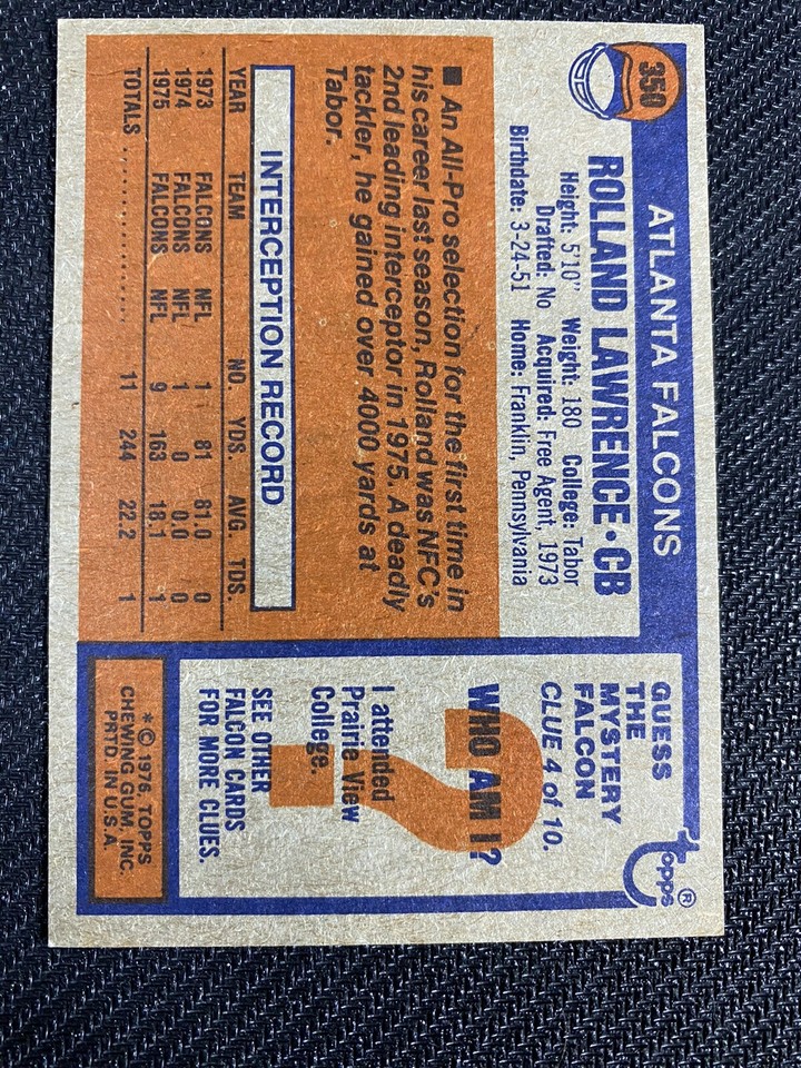 1976 Topps Football #350 Rolland Lawrence Autograph Atlanta Falcons ...