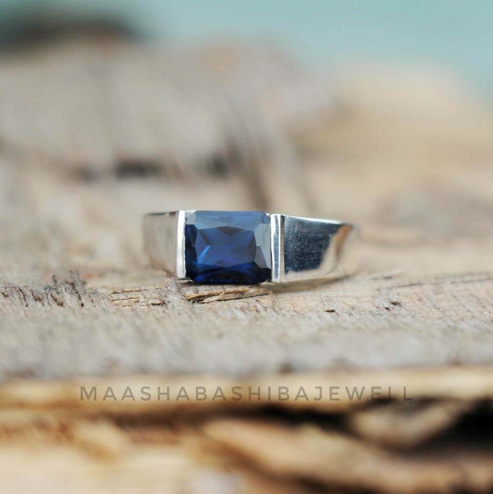 Blue Sapphire Men's Ring, 925 Sterling Silver Ring, Handmade Everyday ...