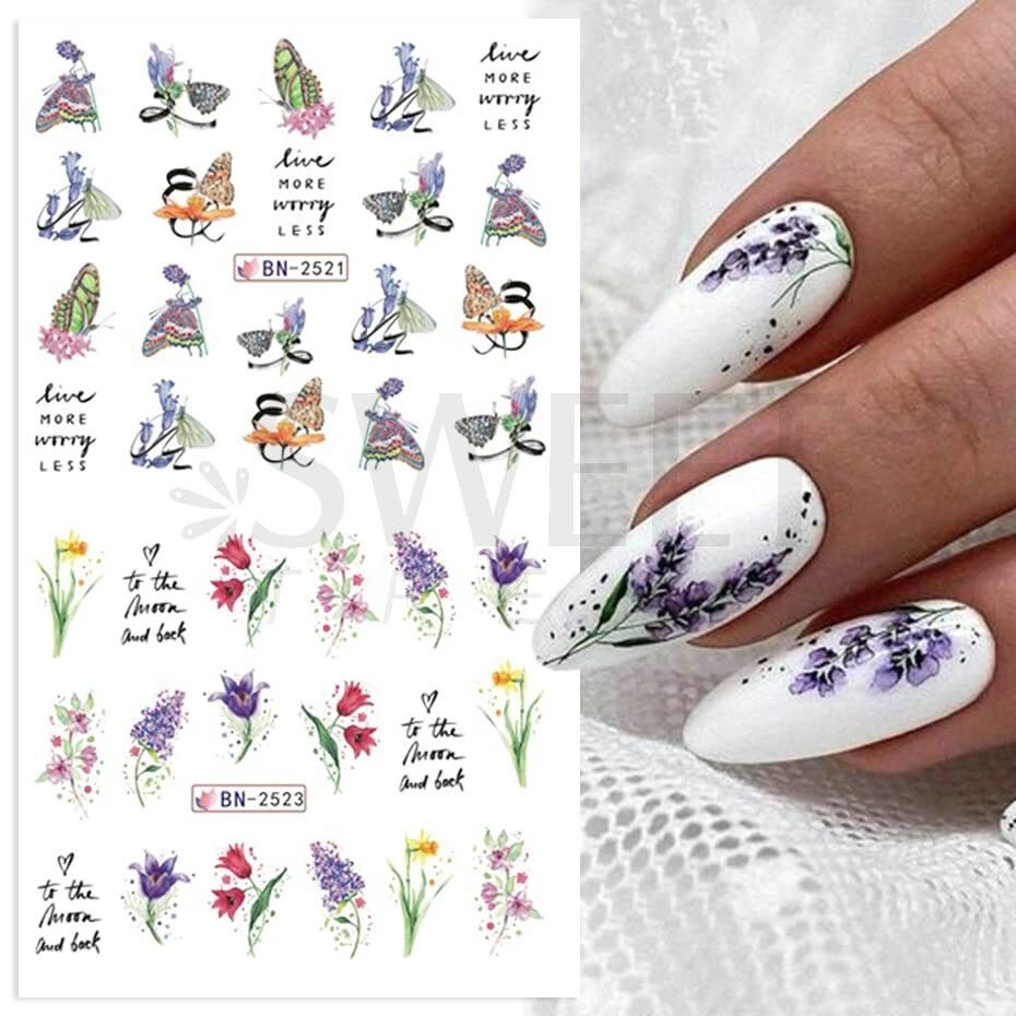 Flowers Nail Water Sticker Decals Lavender Tulip Lily Nail Art Nail ...