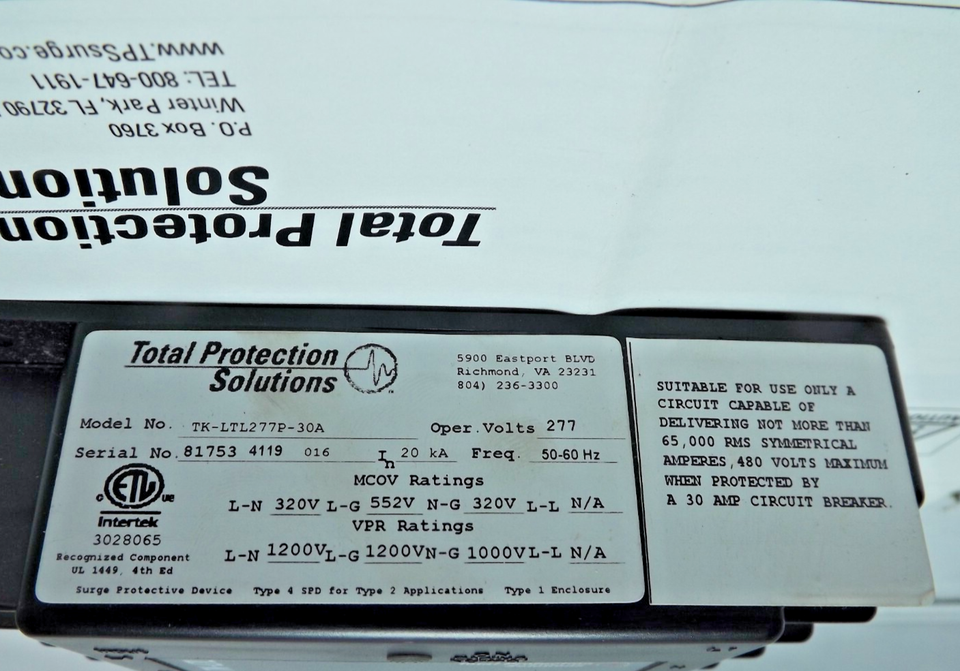 two (2) Total Protection Solutions TK-LTL277P-30A Surge Protective ...