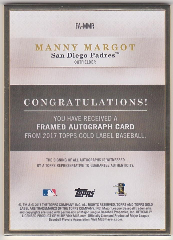 Manny Margot - 2017 Topps Gold Label Framed Autograph - Auto, Rookie RC ...