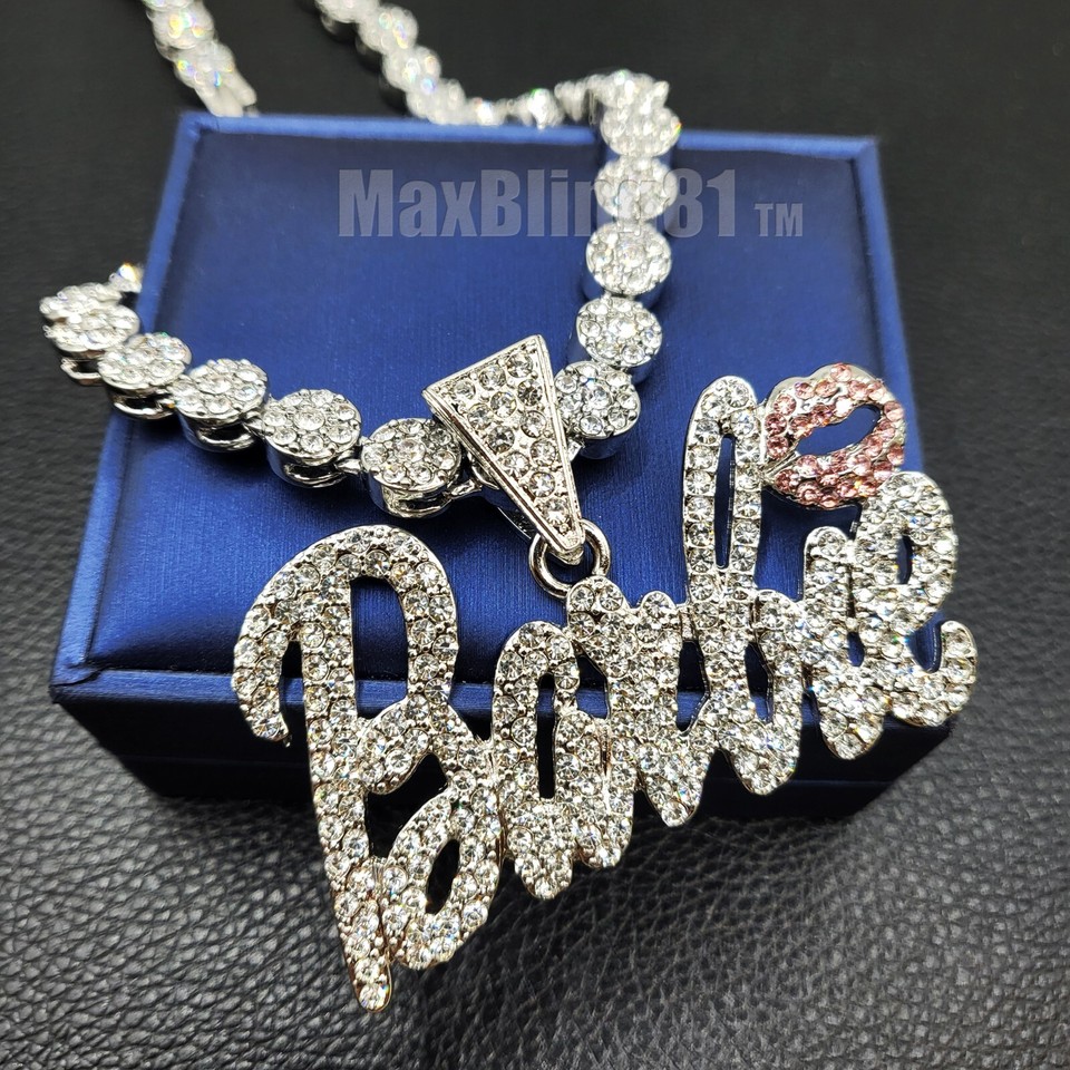 Gold Plated Large Barbie Pendant 18" Iced Flower Cubic Zirconia Chain ...