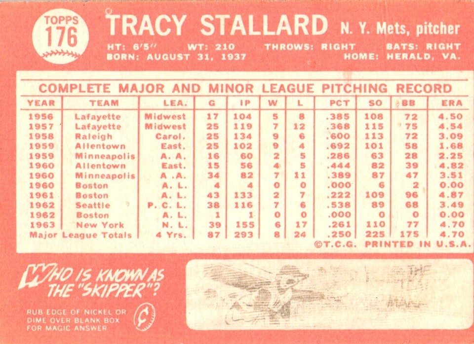 1964 Topps #176 Tracy Stallard Excellent | eBay