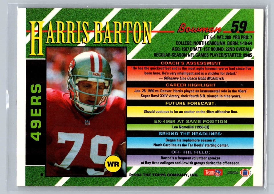 1993 TOPPS BOWMAN CARD # 59 Harris Barton - San Franscisco 49ers | eBay