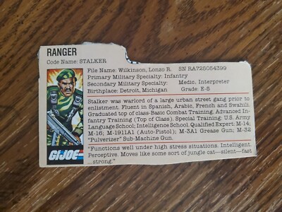 1982 GI Joe STALKER trading File Card Only Near Mint ARAH vintage Peach ...
