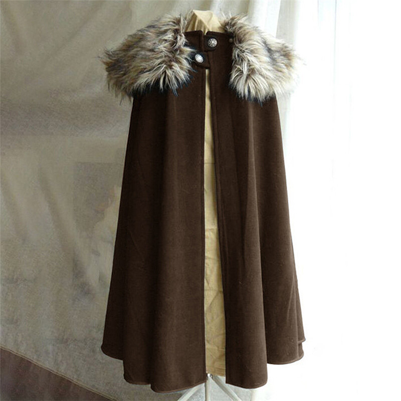 Men Medieval Renaissance Pirate Coat Cloak Fur Collar Cape Retro ...