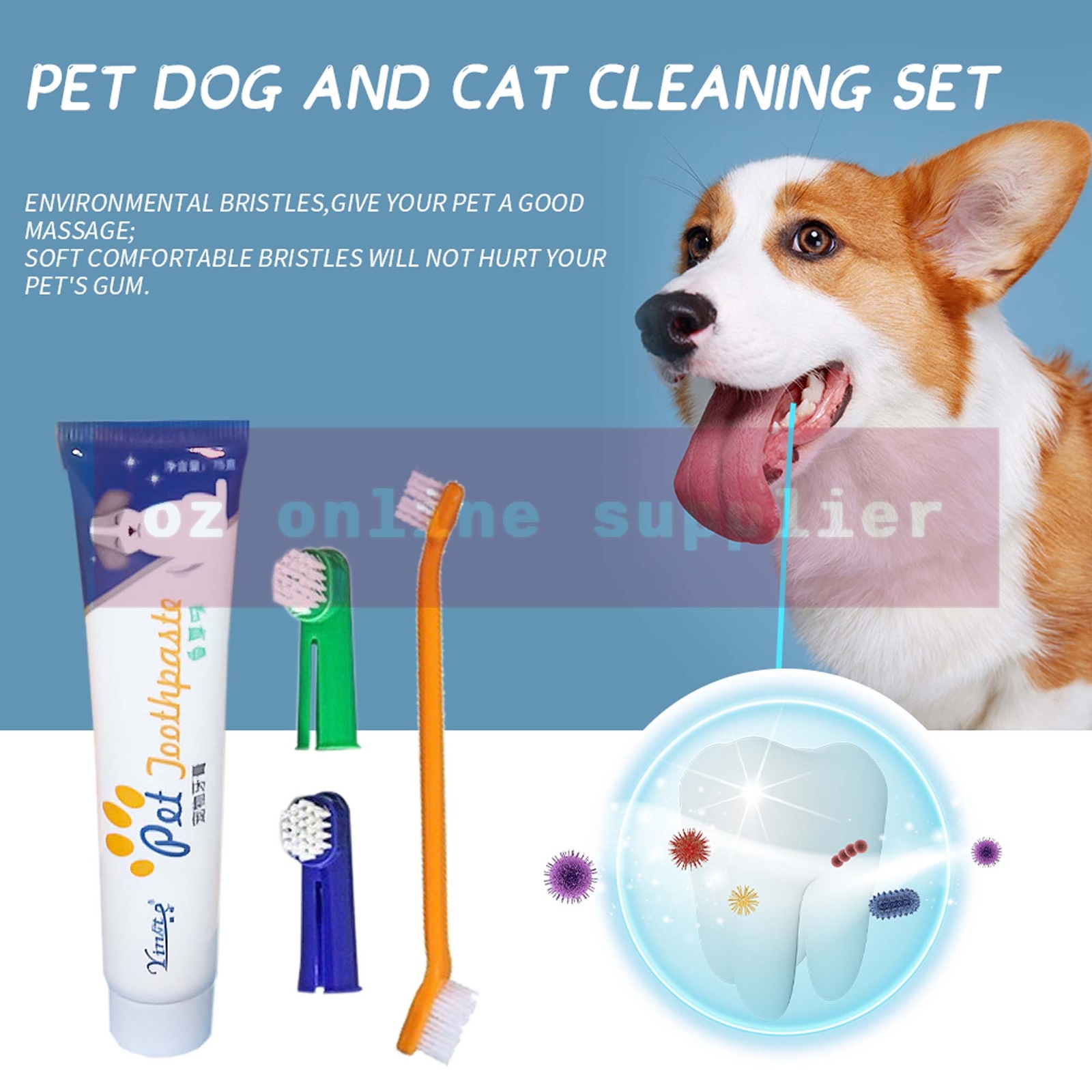 Pet Dog Cat Cleaning Toothpaste+Toothbrush+ Back Up Brush Set Beef ...