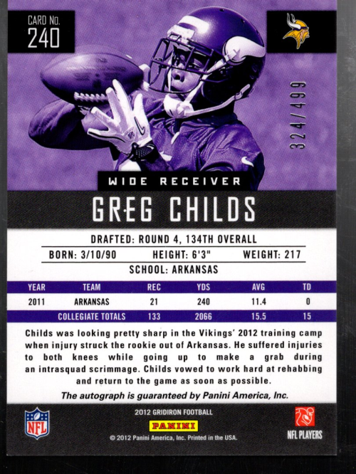 A6808- 2012 Gridiron Rookie Autographs X's #240 Greg Childs Auto /499 ...