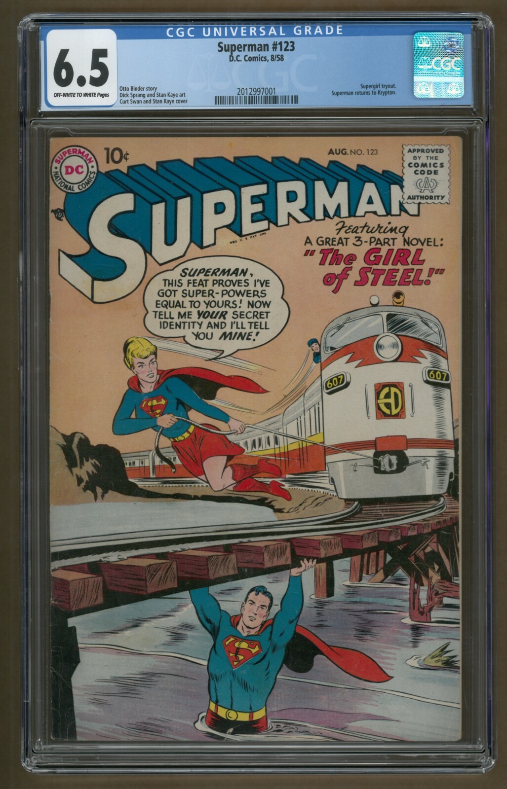 Superman #123 CGC 6.5 FN+ OW/W (DC 8/1958) 1st Supergirl Tryout, Scarce ...