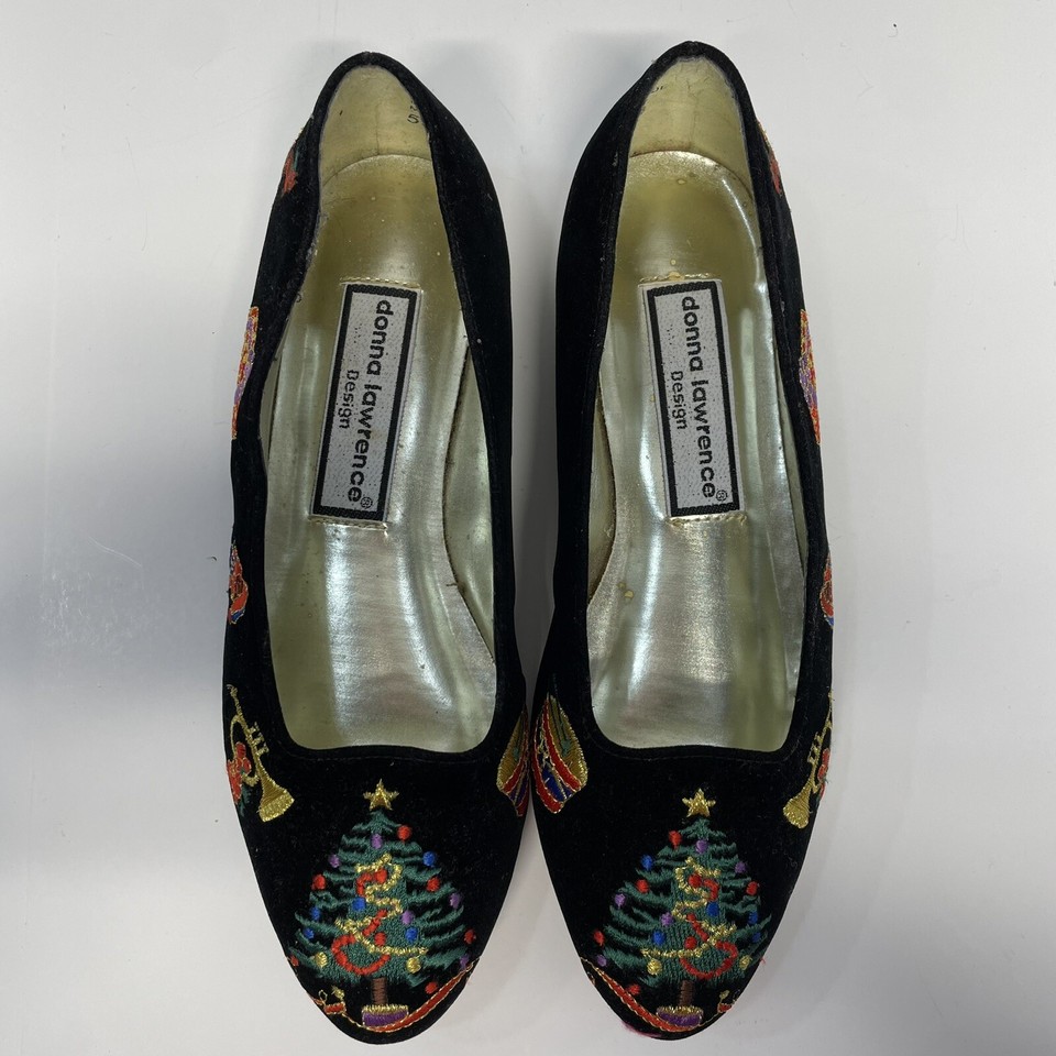 Vintage Black Velvet Christmas Slip On Shoes Donna Lawrence Women's ...