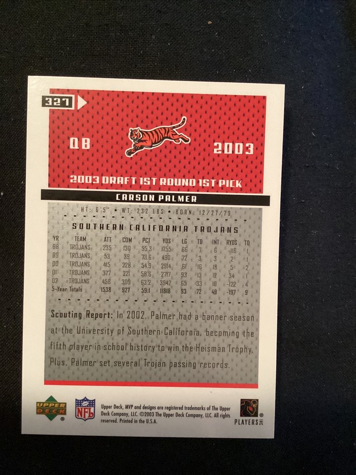 2003 Upper Deck MVP Football Card #327 Carson Palmer Rookie MB15 | eBay