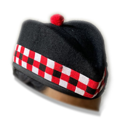 GLENGARRY SCOTTISH PIPER HAT 100% PURE ACRYLIC WOOL BLACK TRIPLE DICED ...