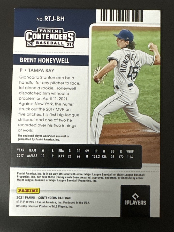 2021 Panini Contenders Baseball Brent Honeywell Rookie Ticket Patch ...
